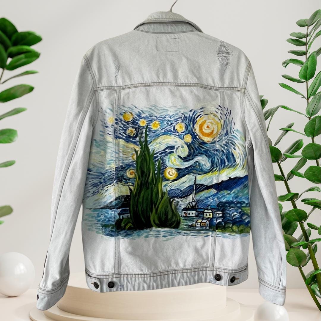 Hand Painted Denim Jacket the Starry Night Van Gogh, Stary Night Jean ...