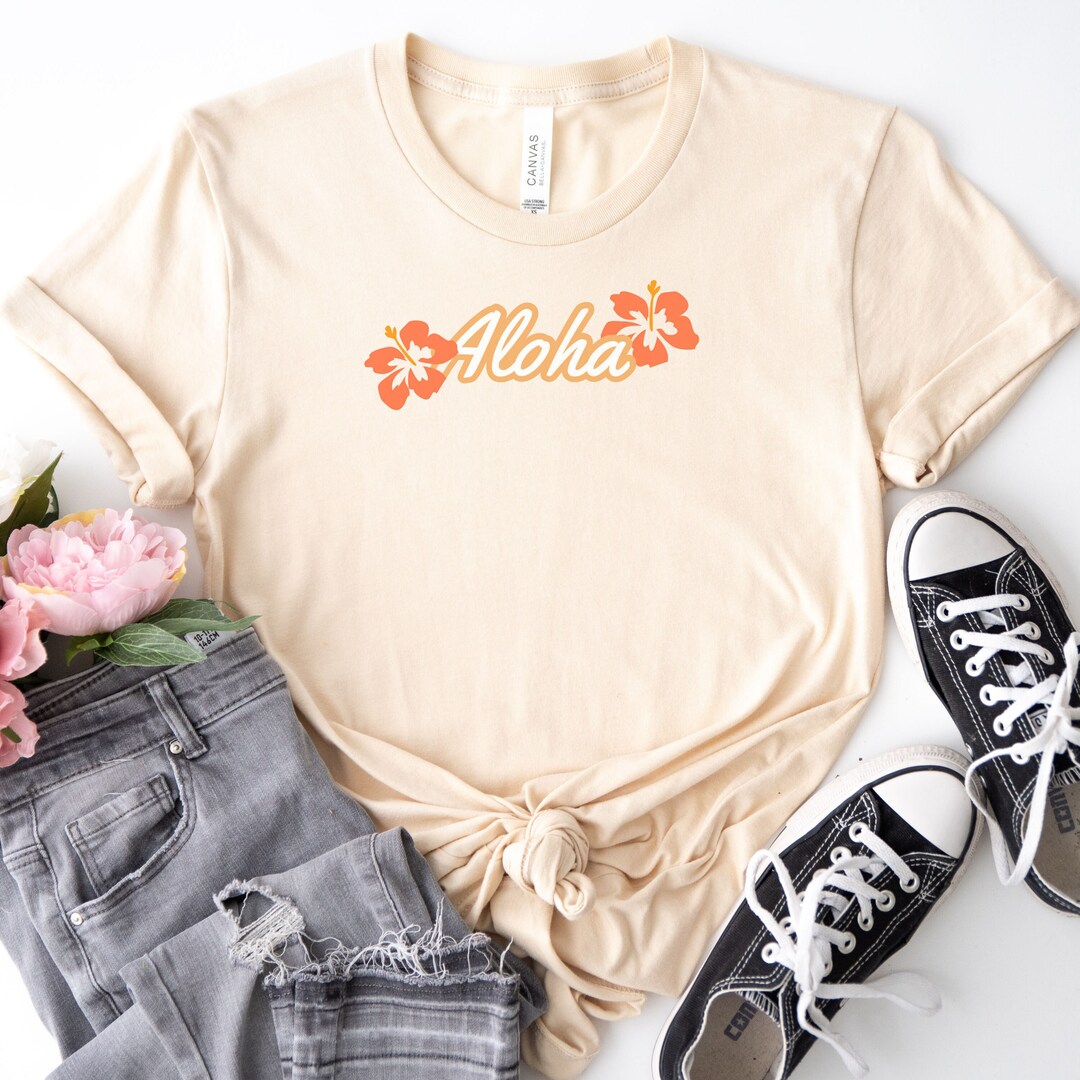 Cute Simple Cartoon Aloha Hawaiian Flower Beach Summer Cotton T-shirt ...