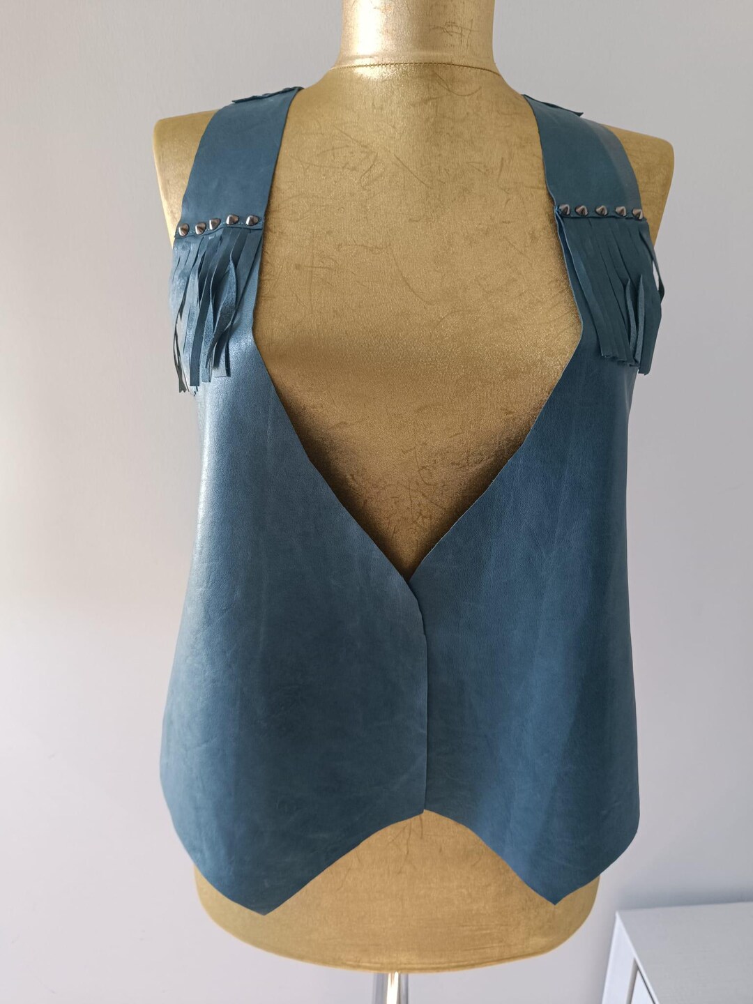 Blue Leather Vest, Genuine Leather Jacket, Studdet Vest,bohemian ...