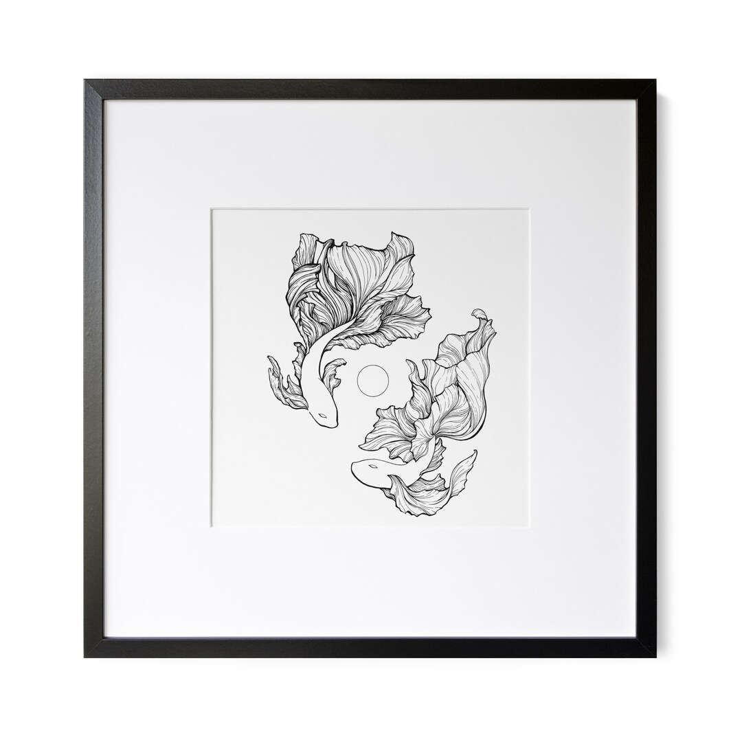 Betta Fish Art Print - Unframed - Black and White Minimalist Ink Print ...