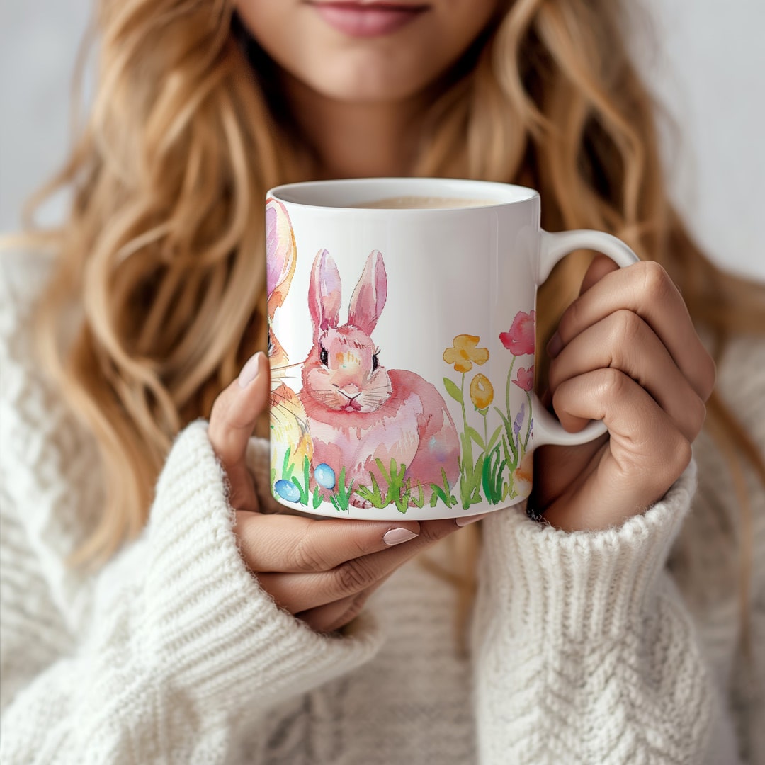 Easter Bunnies Watercolor Floral Ceramic Mug, Easter, Cute, Pretty ...