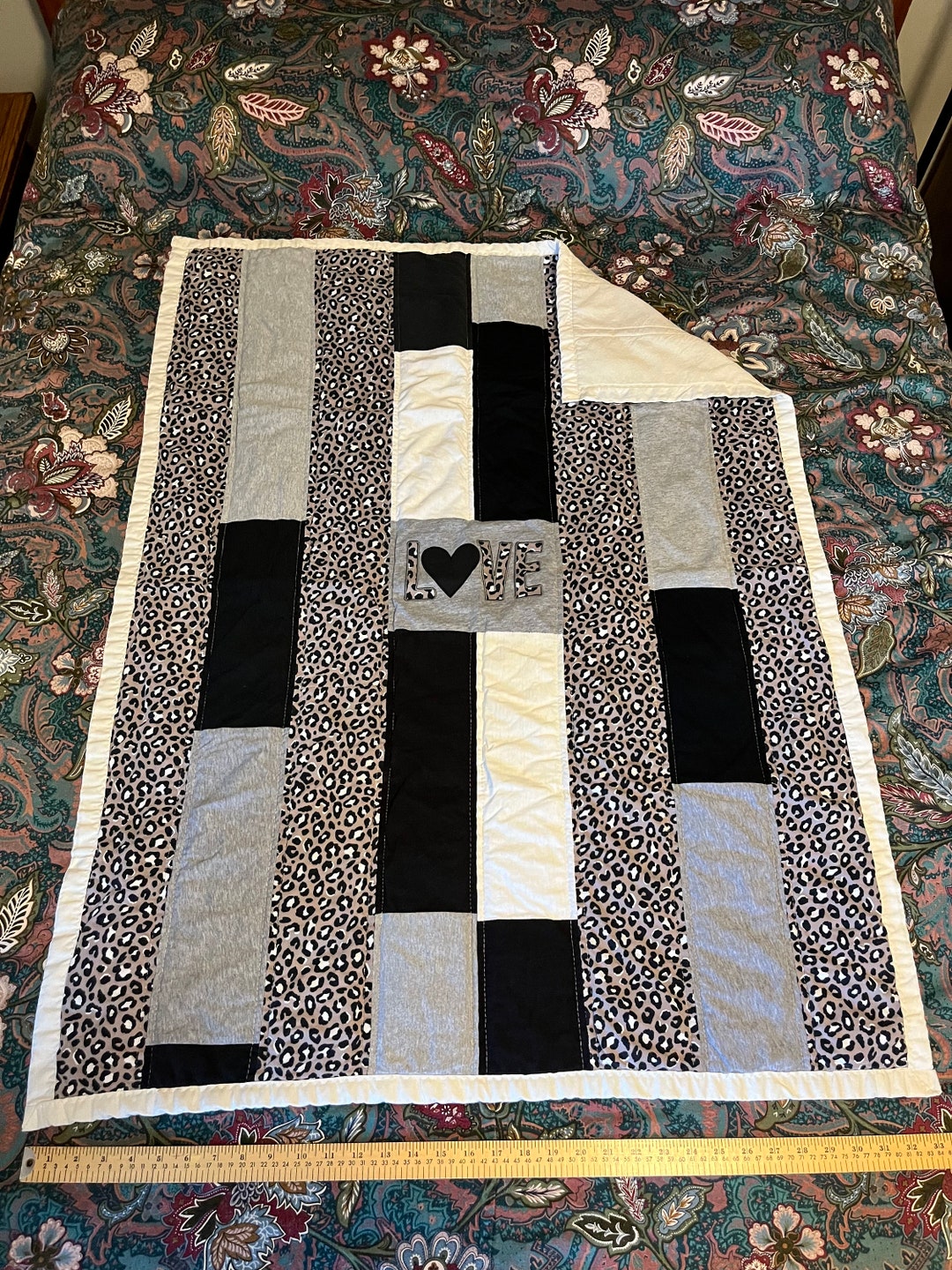 LOVE and Leopard Print Black, White and Gray Handmade Quilt by Gramma ...