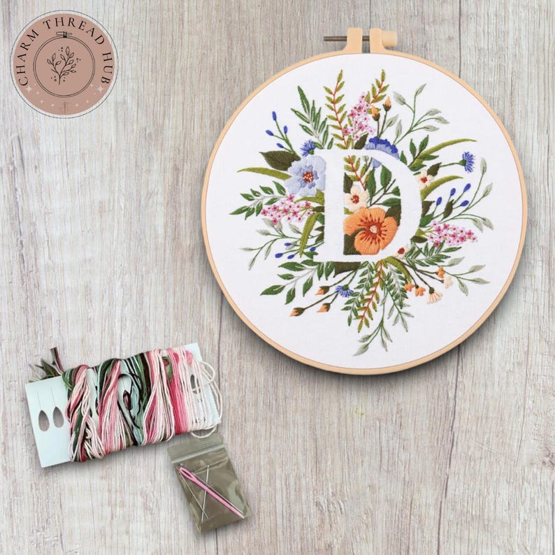 Modern Floral Letter D Embroidery Kit, Beginners Hand Vintage Girl ...