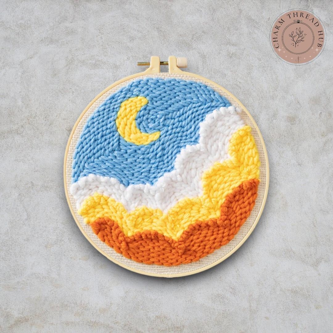 Cute Moon and Clouds Punch Needle Embroidery Kit for Beginners Soft ...