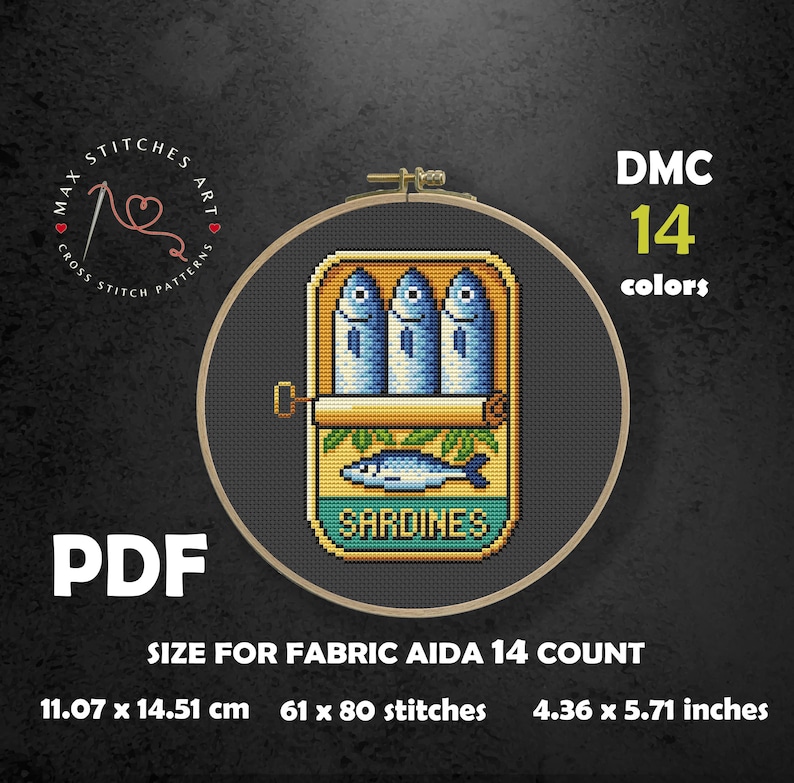 Sardine Tin Cross Stitch Pattern PDF, Funny Fish Embroidery Design ...