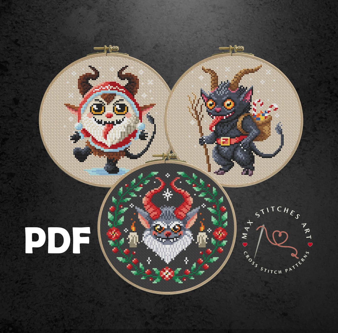 Set of 3 Krampus Cross Stitch Pattern, Scary Christmas Embroidery ...