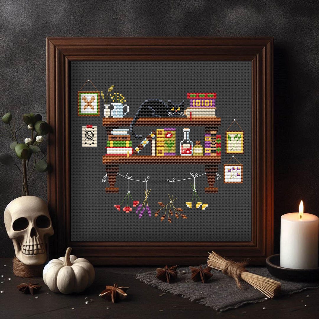 Witchcraft Supply Cross Stitch Pattern, Witch Shelf Embroidery, Green ...