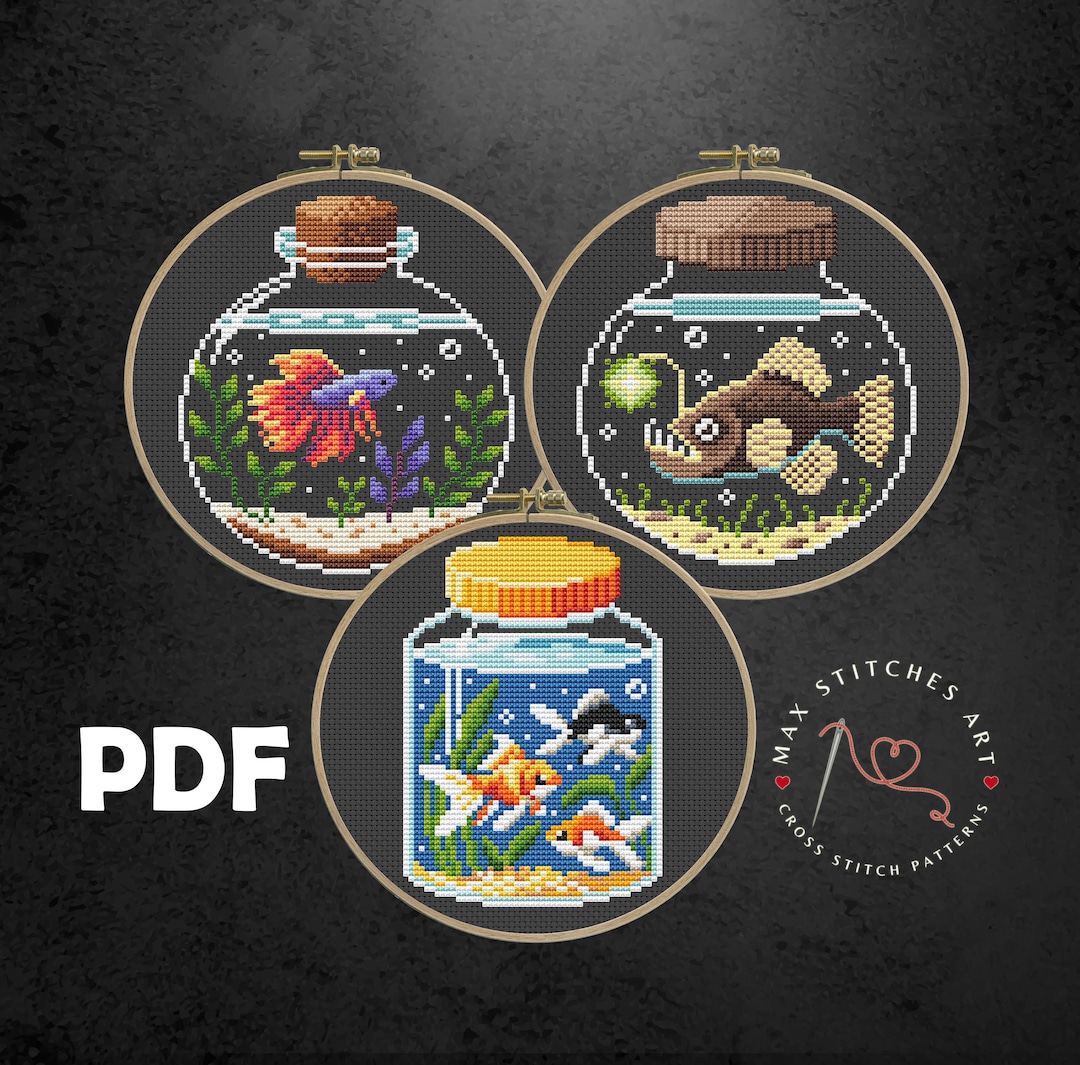 Aquarium Cross Stitch Pattern PDF, Fish in Bottle Embroidery, Goldfish ...