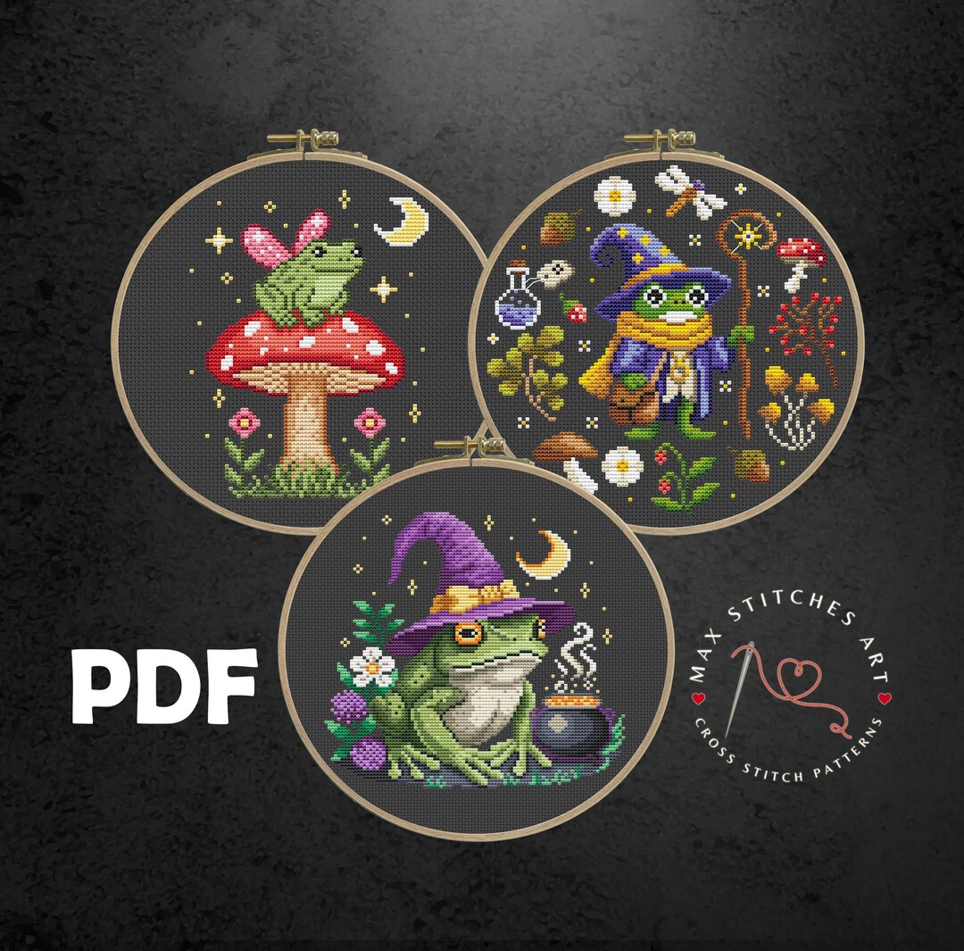Frog Witch Cross Stitch Pattern Set, Cute Animal Embroidery, Fairy Frog ...