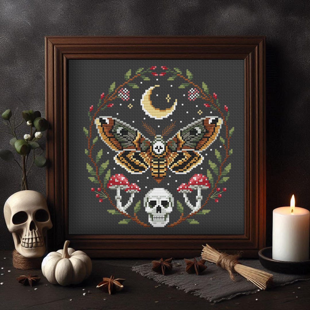 Witchy Moth Cross Stitch Pattern: Skull, Moon, Mushrooms (PDF Pattern ...