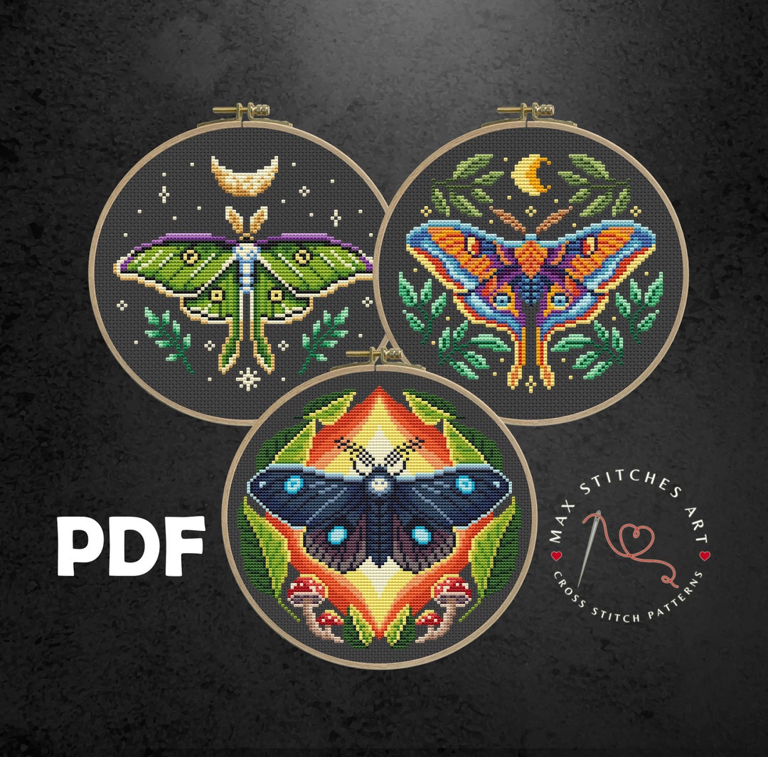 Set of 3 Moths Cross Stitch Pattern, Mystical Moth Embroidery, Mushroom ...