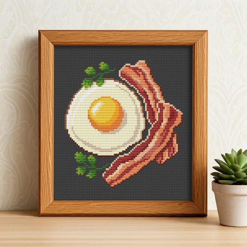 Fried Egg and Bacon Cross Stitch Pattern, Food Embroidery, Kitchen ...