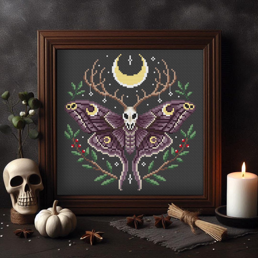 Mystic Moth Cross Stitch Pattern: Deer Skull, Crescent Moon (PDF ...