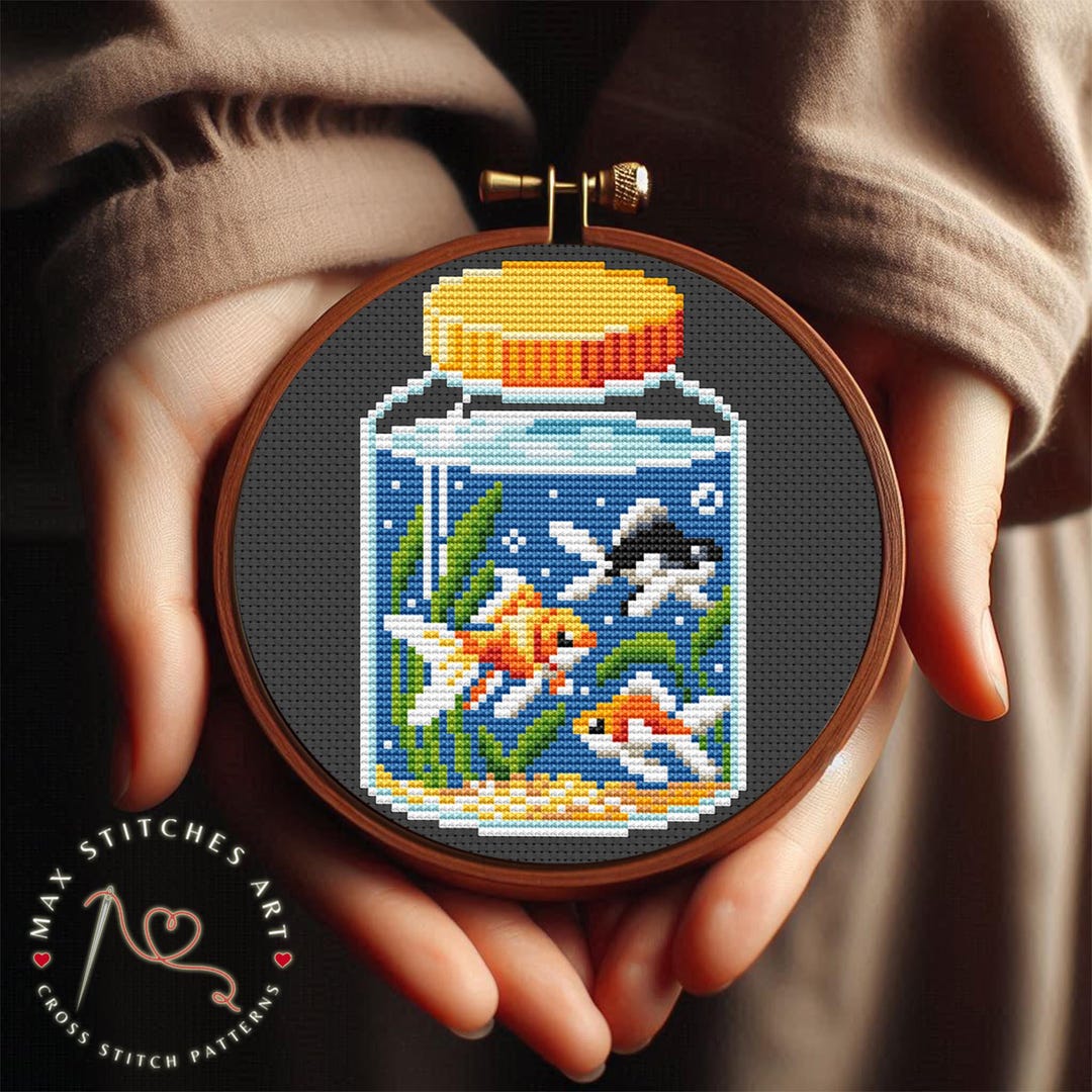Goldfish Jar Cross Stitch Pattern PDF, Cute Aquarium Embroidery Design ...