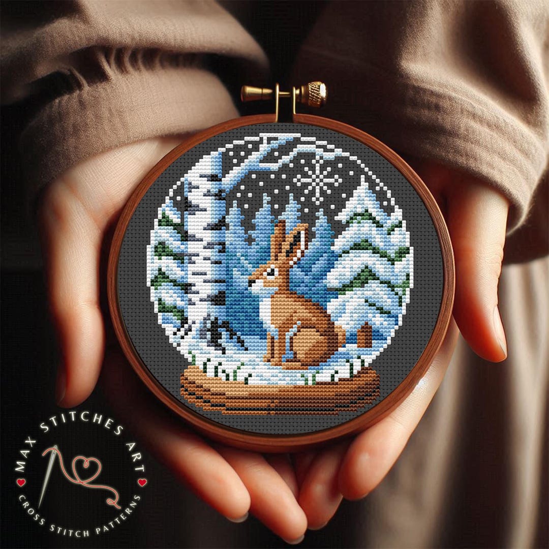 Winter Hare Cross Stitch Pattern, Snow Globe Landscape Embroidery PDF ...