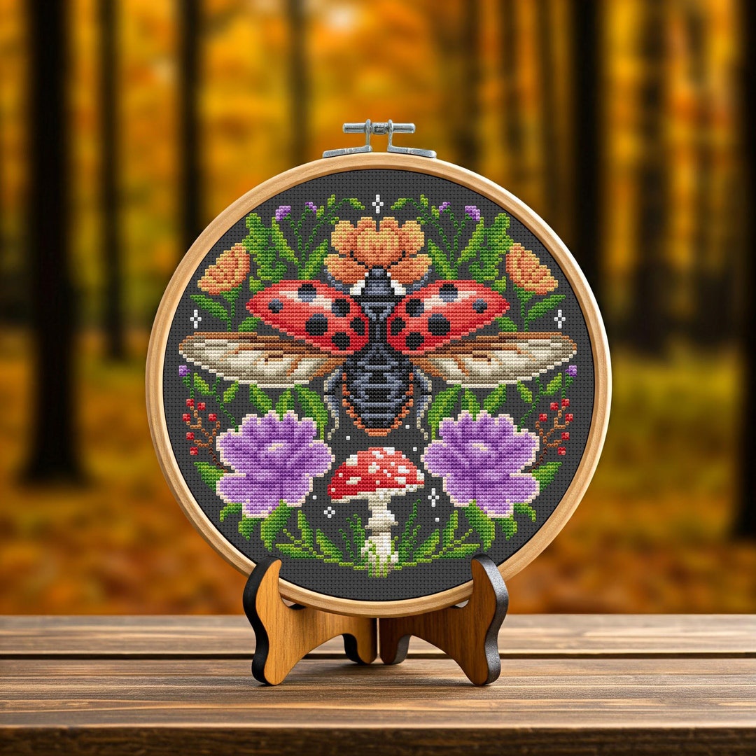 Ladybug Cross Stitch Pattern, Floral Beetle Embroidery, Insect Witchy ...