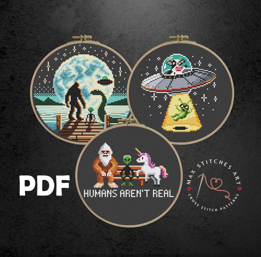 Funny Aliens Cross Stitch Pattern Set, UFO, Bigfoot, Unicorn ...
