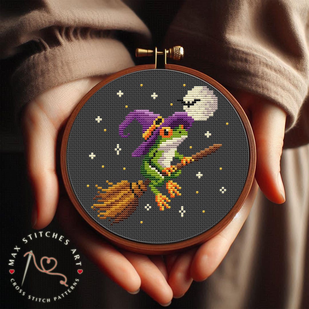 Cute Witch Frog Cross Stitch Pattern, Fairy Frog Embroidery, Witch Moon ...