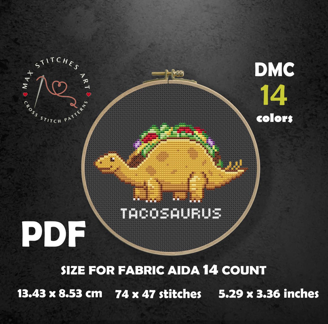 Tacosaurus Cross Stitch Pattern, Funny Dinosaur PDF Chart, Cute Food ...