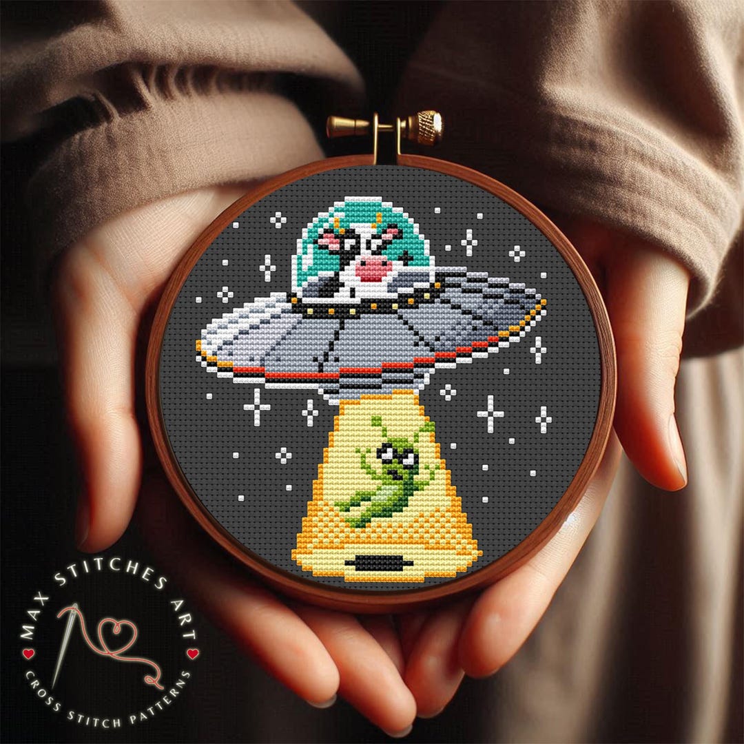 Cow Abduction Cross Stitch Pattern, Funny UFO Alien Embroidery Design ...