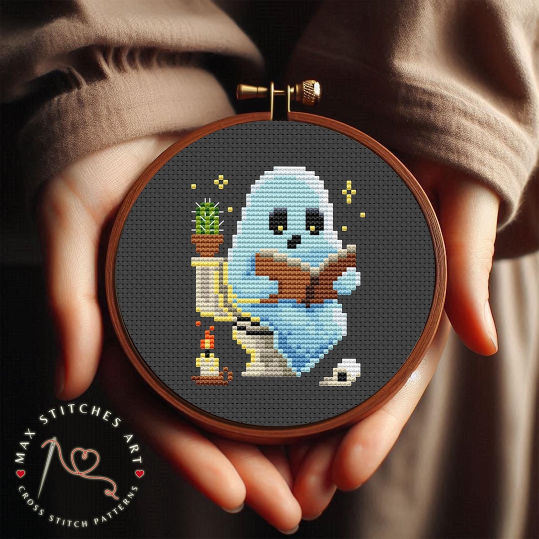 Cute Ghost on Toilet Cross Stitch Pattern PDF, Ghost Reading in Bath ...