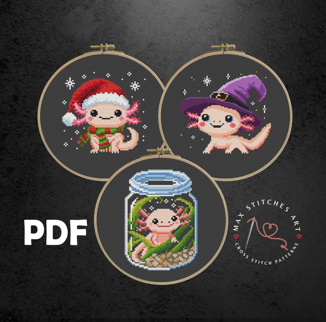 Set of 3 Cute Axolotls Cross Stitch Pattern, Axolotl Embroidery, Witch ...
