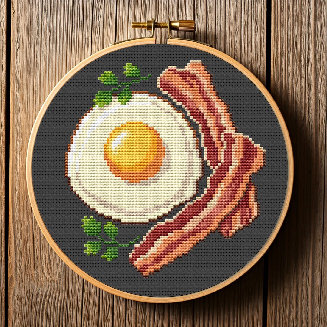Fried Egg and Bacon Cross Stitch Pattern, Food Embroidery, Kitchen ...