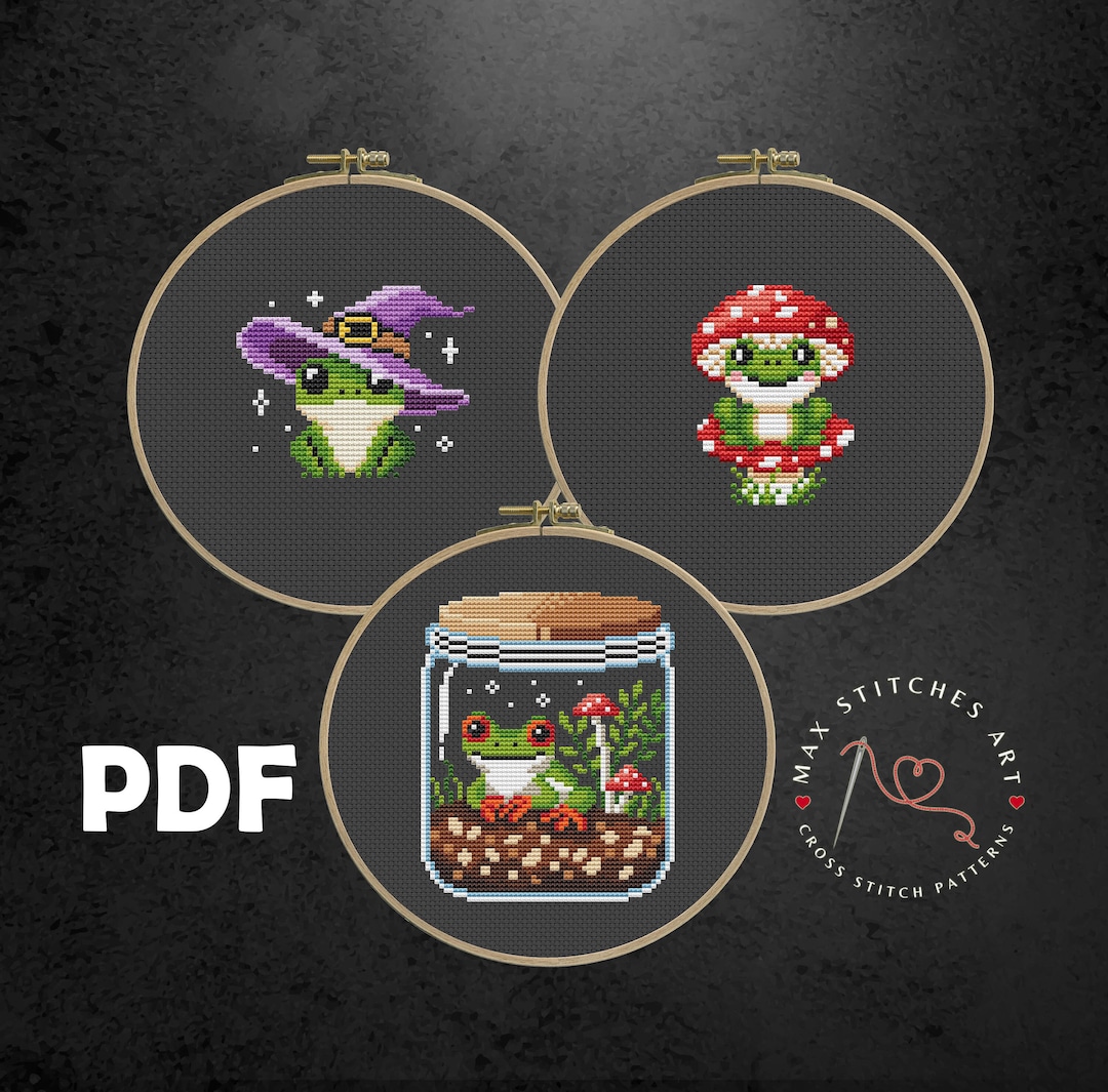 Set of Tiny Frogs Cross Stitch Pattern, Witch Frog Embroidery, Mushroom ...