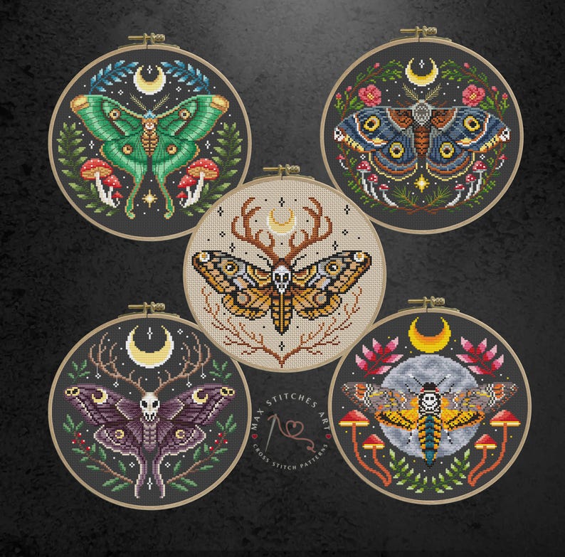 Gothic Luna Moth Cross Stitch Patterns: Mystical Embroidery (set of 5 ...
