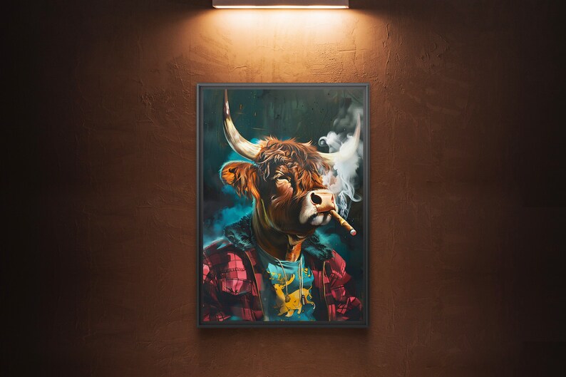 Highland Cow Smoking Cigar, Wall Decor, Home Decor, Digital Art, Wall ...
