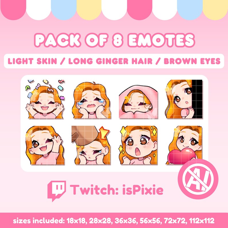 Light Skin / Long Ginger Hair / Brown Eyes Pack of 8 Emotes Twitch ...