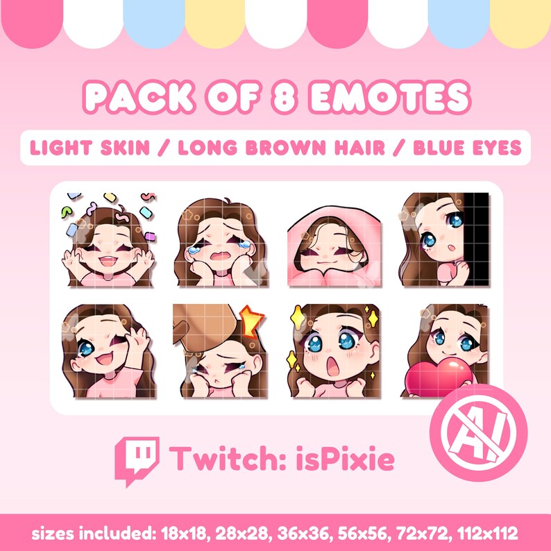 Light Skin / Long Brown Hair / Blue Eyes Pack of 8 Emotes Twitch ...