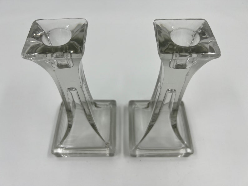 2 Vtg Art Deco Style Clear Square Glass Candle Holders Candlesticks-6. ...