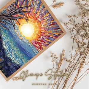 Mosaic of Colorful Tiles Depicting the Sun Setting Over an Ocean, With ...