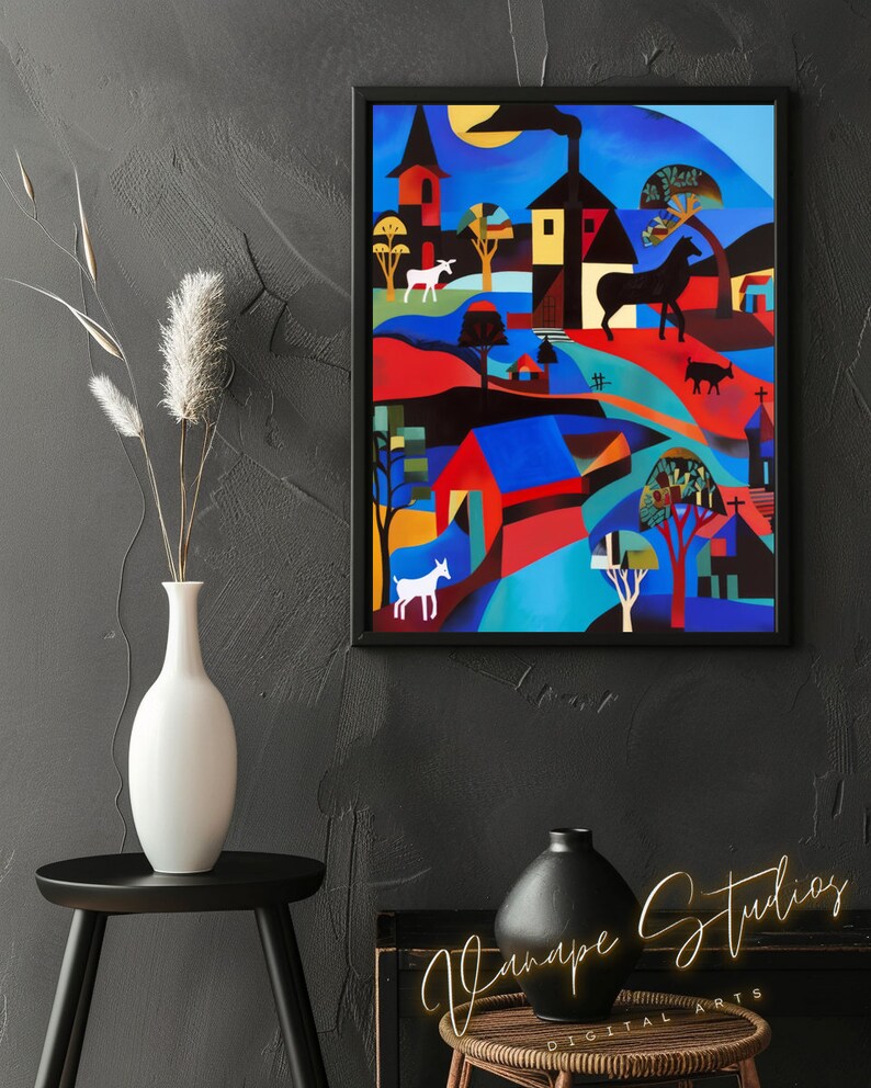 Abstract Artwork of Village Life, With Houses and Animals in the Style ...