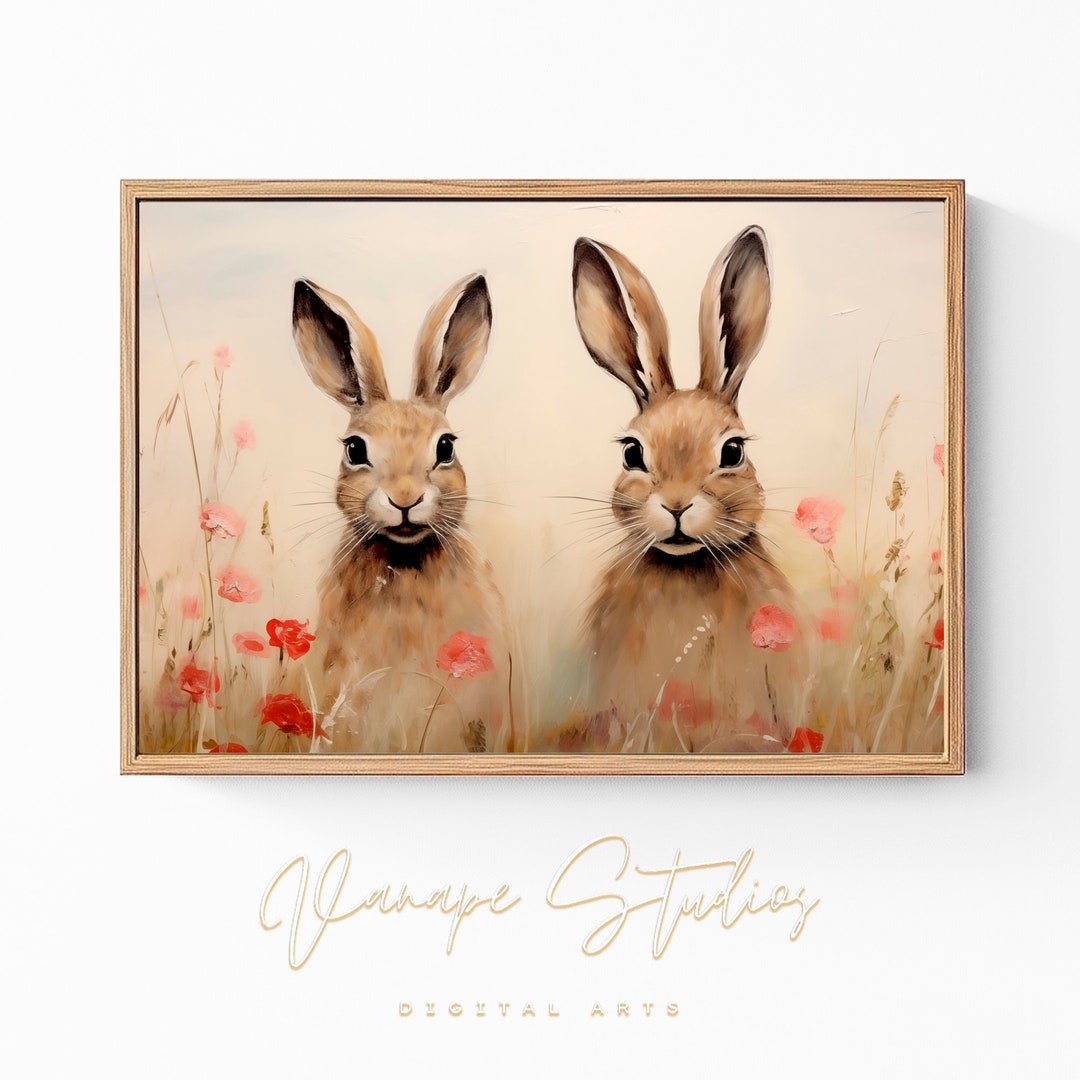 Printable Digital Art of Two Rabbits in the Field of Poppies, Rustic ...