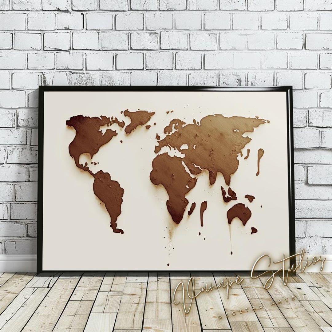 Coffee World Map Wall Art, Minimalist Travel Decor, Unique Coffee Spill ...