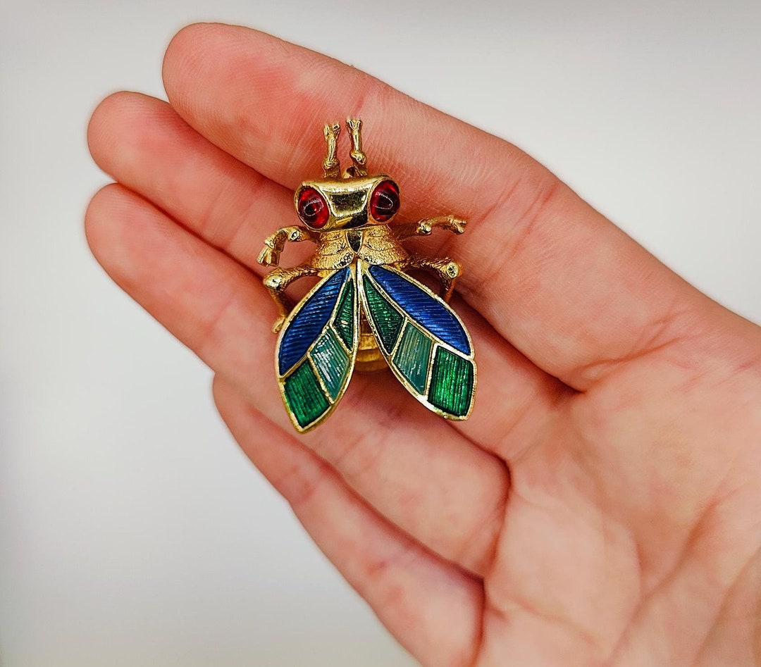 BOUCHER Bee Fly Insect Bug Enamel Gold Tone Ruby Rhinestone Brooch Pin ...