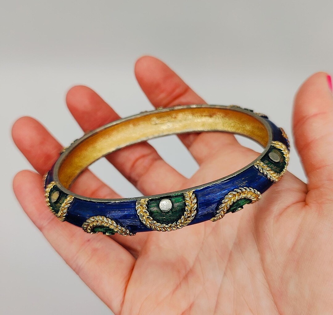 BOUCHER Marcel Blue Green Enamel Cuff Bangle Bracelet Gold Tone Vintage ...