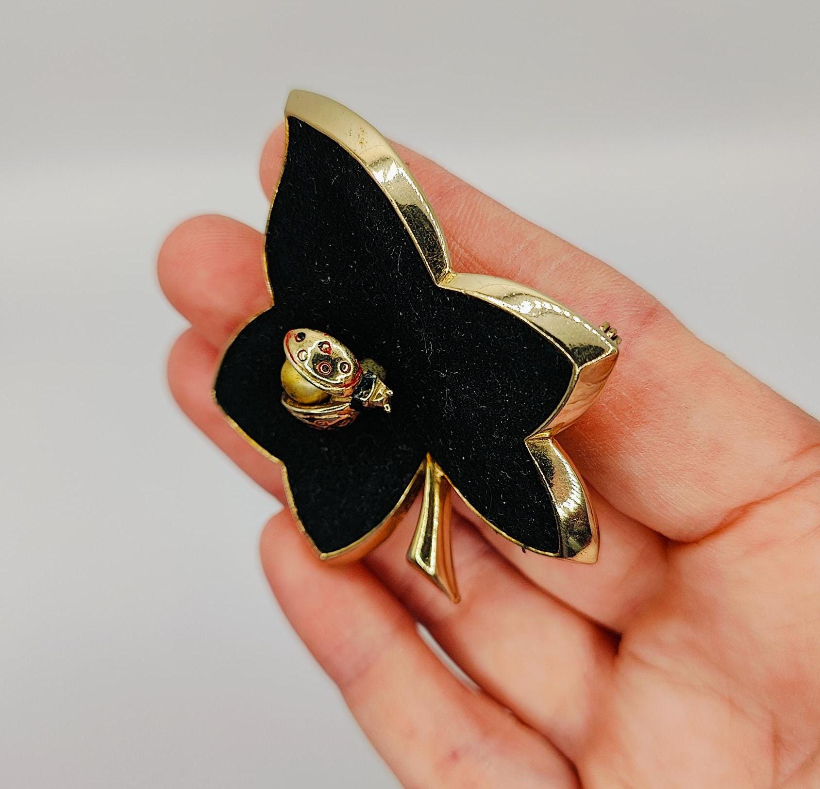 BOUCHER Black Velvet Gold Tone Leaf Ladybug Faux Pearl Brooch Pin ...