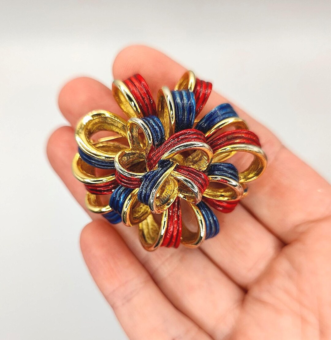 Marcel BOUCHER Gold Plate Red & Blue Enamel Ribbon Bow Brooch Pin ...