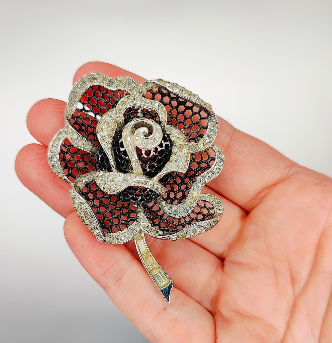 Vintage Boucher Rose Brooch and Clip Earrings: Black Enamel & Silver ...