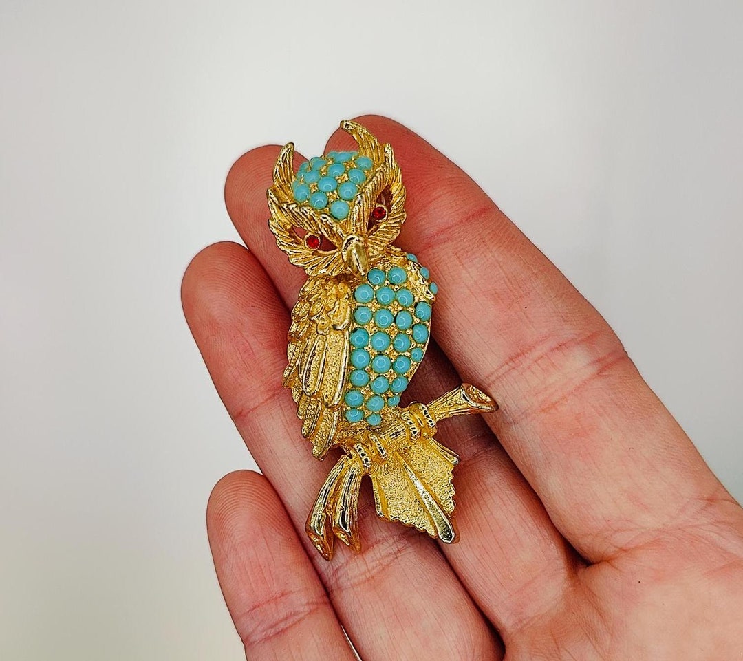 BOUCHER Owl Gold Tone Bird on Branch Brooch Pin With Turquoise Ruby ...