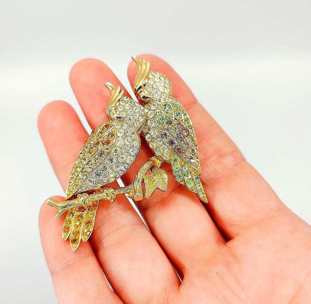 BOUCHER Love Birds Cockatoo Cockatiel Green Purple Clear Rhinestone ...