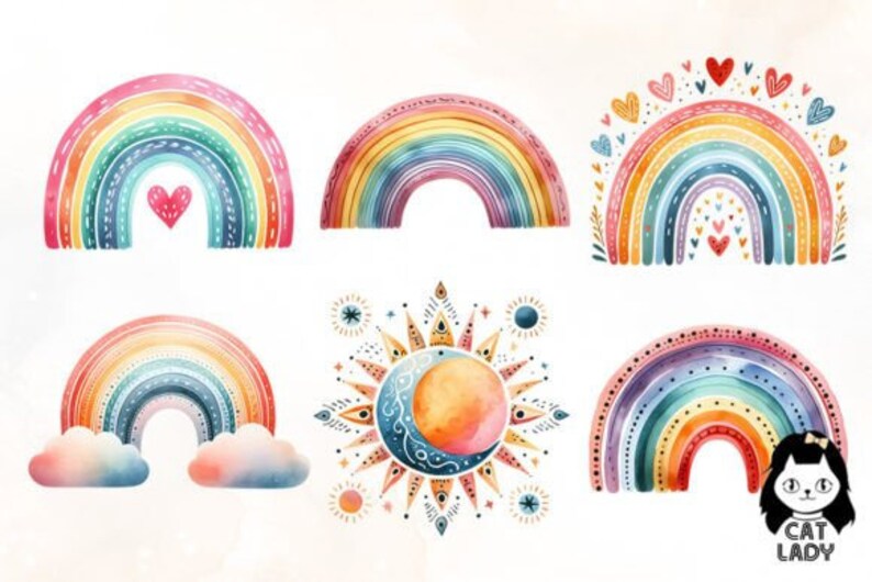 Watercolor Boho Rainbow Clipart Bundle - Baby Shower Clip Art ...