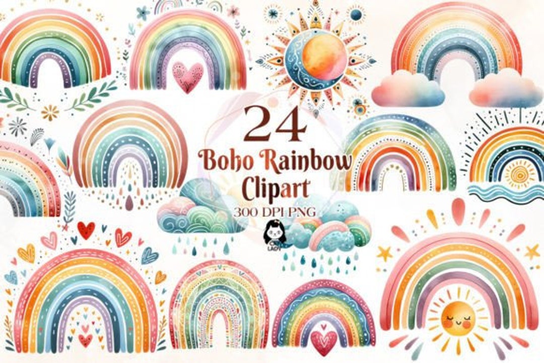 Watercolor Boho Rainbow Clipart Bundle - Baby Shower Clip Art ...