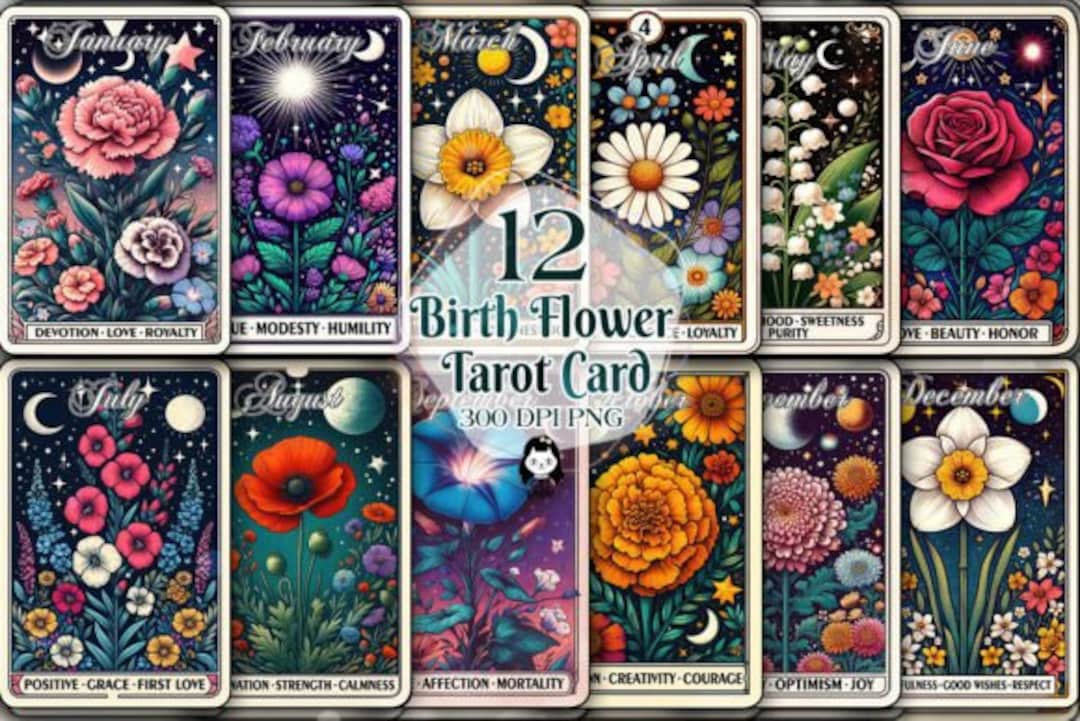 12 Birth Flower Tarot Cards Bundle - Tarot Card PNG, Sublimation ...