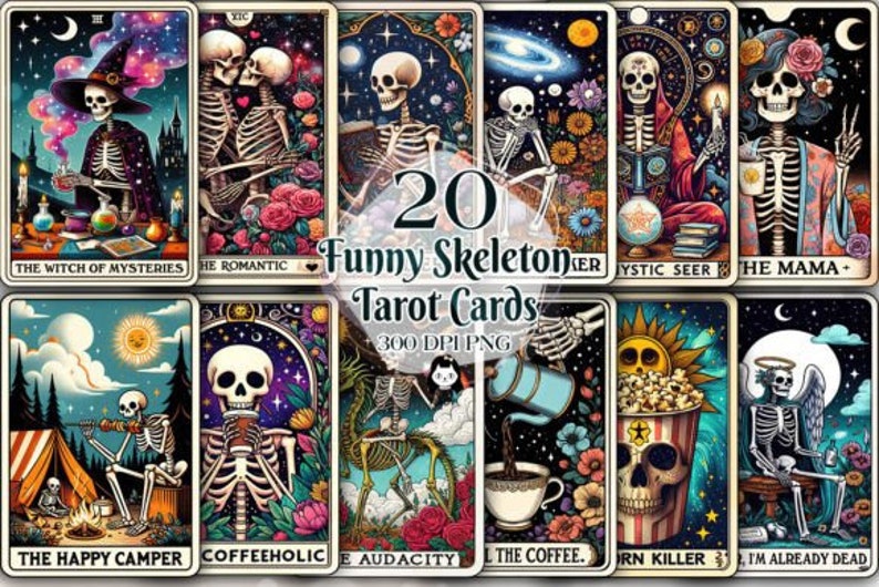 Funny Skeleton Tarot Cards Bundle - Skeleton Tarot PNG, Sublimation ...