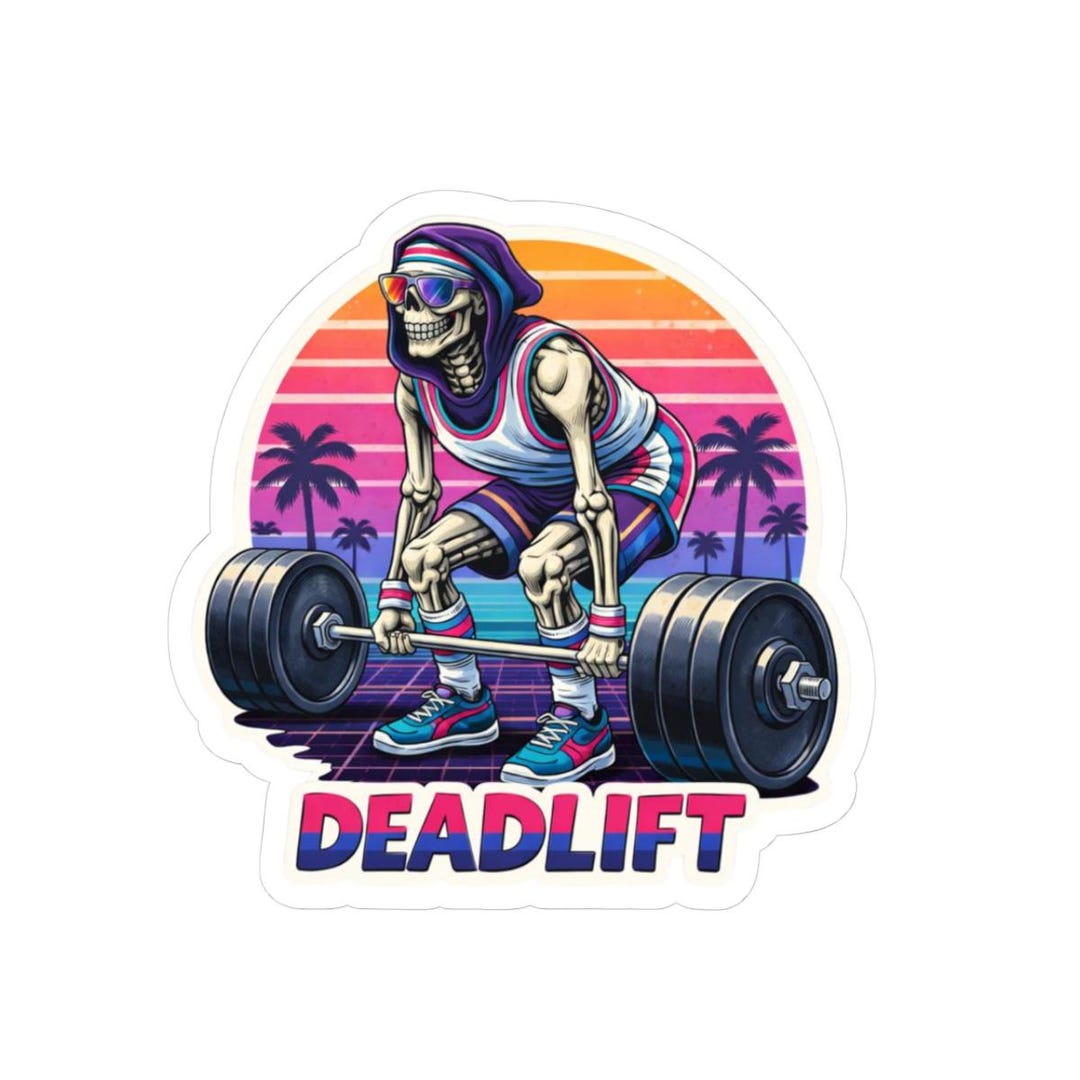 Deadlift Skeleton Weightlifting Sticker | Retro Sunset Palm Beach ...