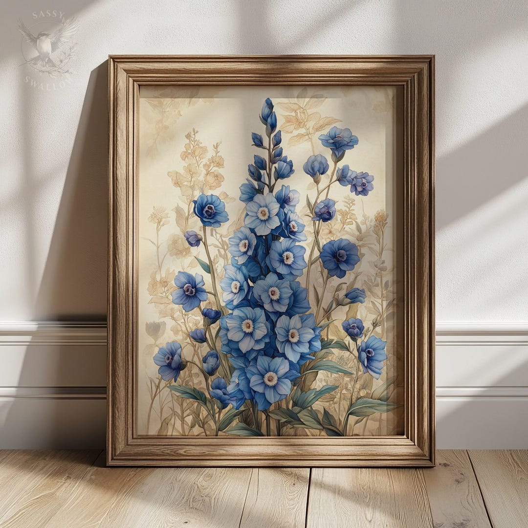 July Birth Flower William Morris Style Poster, Larkspur July, Botanical ...